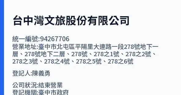台中灣文旅股份有限公司的照片-統編 94267706(臺中市) 公司登記資料與營業項目詳細圖表