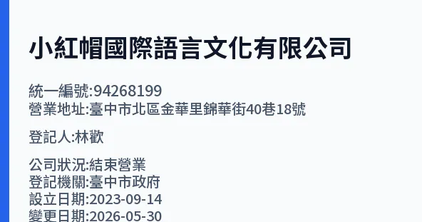 小紅帽國際語言文化有限公司的照片-統編 94268199(臺中市) 公司登記資料與營業項目詳細圖表