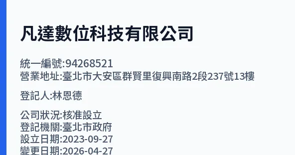 凡達數位科技有限公司的照片-統編 94268521(臺北市) 公司登記資料與營業項目詳細圖表