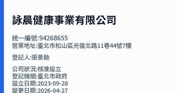 詠晨健康事業有限公司的照片-統編 94268655(臺北市) 公司登記資料與營業項目詳細圖表