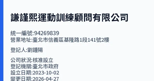 謙謹熙運動訓練顧問有限公司的照片-統編 94269839(臺北市) 公司登記資料與營業項目詳細圖表