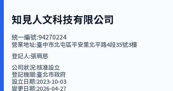 知見人文科技有限公司的照片-統編 94270224(臺中市) 公司登記資料與營業項目詳細圖表