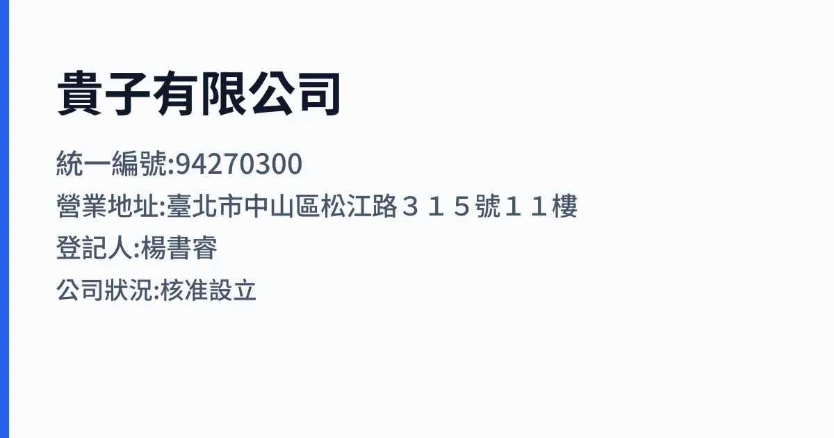 貴子有限公司 - 統編 94270300(臺北市) 公司登記資料與營業項目詳細圖表