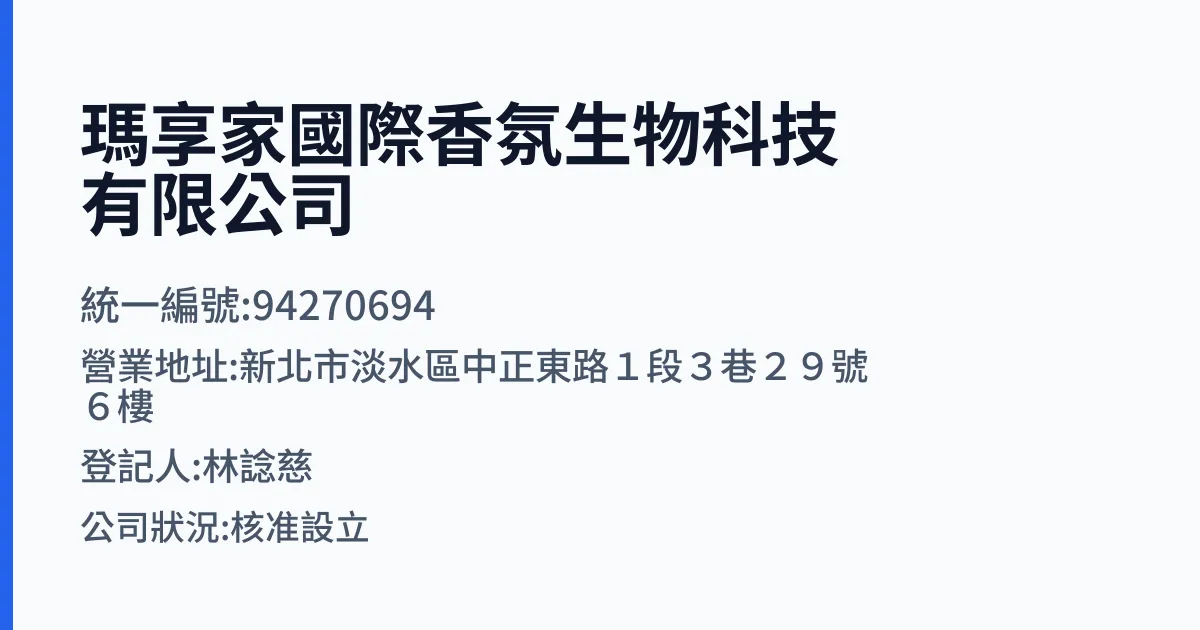 瑪享家國際香氛生物科技有限公司 - 統編 94270694(臺北市) 公司登記資料與營業項目詳細圖表