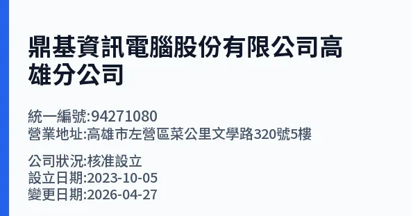 鼎基資訊電腦股份有限公司高雄分公司的照片-統編 94271080(高雄市) 公司登記資料與營業項目詳細圖表
