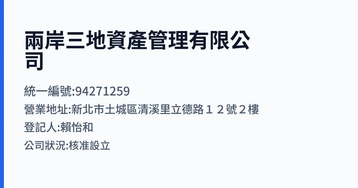 兩岸三地資產管理有限公司 - 統編 94271259（新北市） 公司登記資料與營業項目詳細圖表