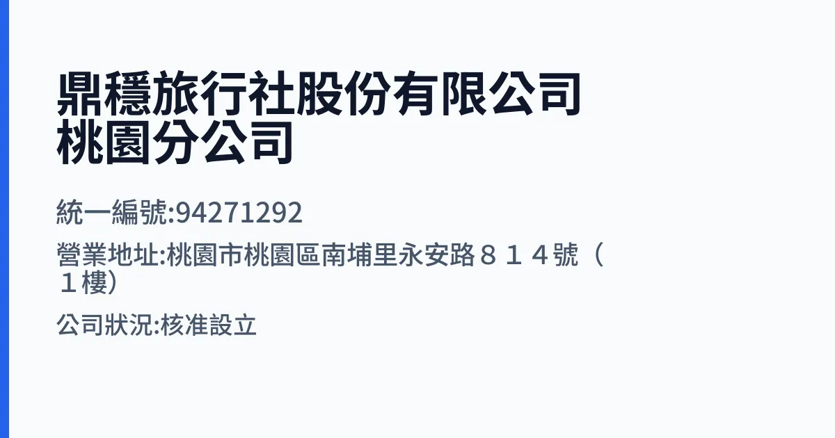 鼎穩旅行社股份有限公司桃園分公司 - 統編 94271292(桃園市) 公司登記資料與營業項目詳細圖表