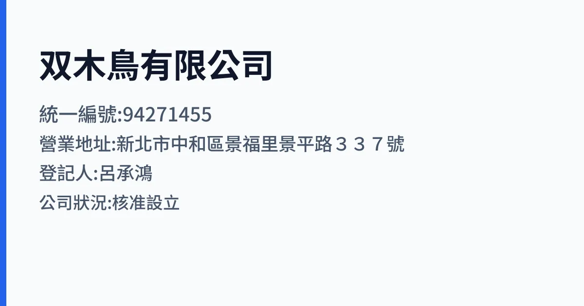 双木鳥有限公司 - 統編 94271455(新北市) 公司登記資料與營業項目詳細圖表
