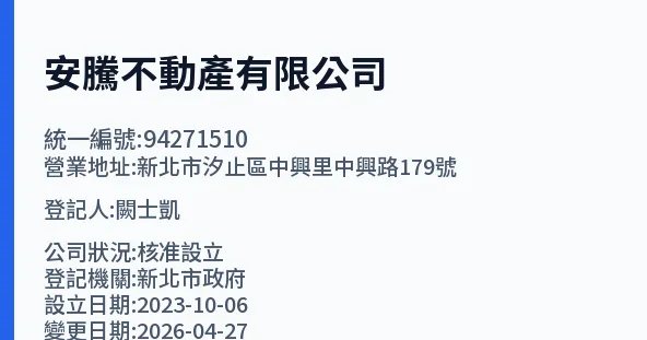安騰不動產有限公司的照片-統編 94271510(新北市) 公司登記資料與營業項目詳細圖表