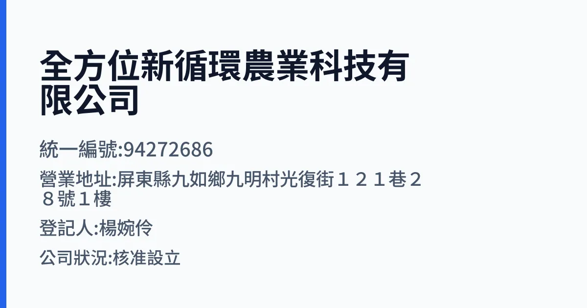 全方位新循環農業科技有限公司 - 統編 94272686(屏東縣) 公司登記資料與營業項目詳細圖表