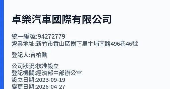 卓樂汽車國際有限公司的照片-統編 94272779(新竹市) 公司登記資料與營業項目詳細圖表