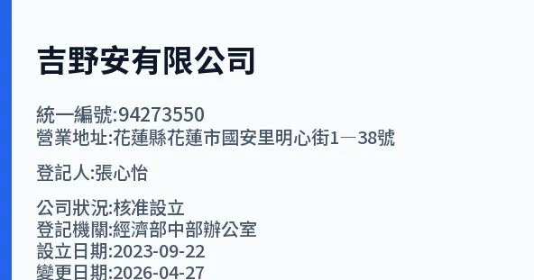 吉野安有限公司的照片-統編 94273550(花蓮縣) 公司登記資料與營業項目詳細圖表