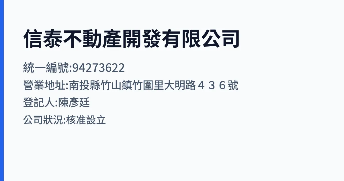 信泰不動產開發有限公司 - 統編 94273622(南投縣) 公司登記資料與營業項目詳細圖表