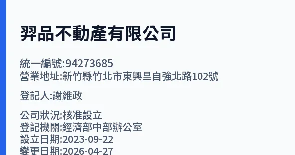 羿品不動產有限公司的照片-統編 94273685(新竹縣) 公司登記資料與營業項目詳細圖表