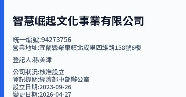 智慧崛起文化事業有限公司的照片-統編 94273756(宜蘭縣) 公司登記資料與營業項目詳細圖表
