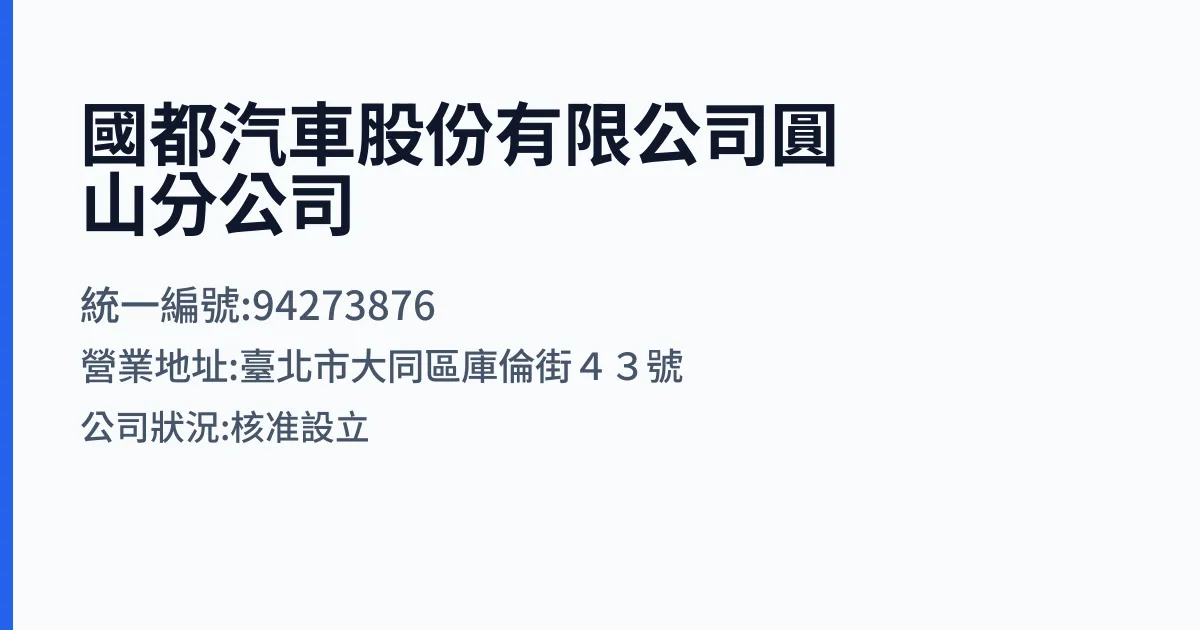 國都汽車股份有限公司圓山分公司 - 統編 94273876(臺北市) 公司登記資料與營業項目詳細圖表