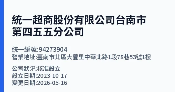 統一超商股份有限公司台南市第四五五分公司的照片-統編 94273904(臺南市) 公司登記資料與營業項目詳細圖表