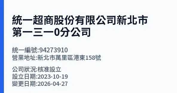 統一超商股份有限公司新北市第一三一0分公司的照片-統編 94273910(新北市) 公司登記資料與營業項目詳細圖表