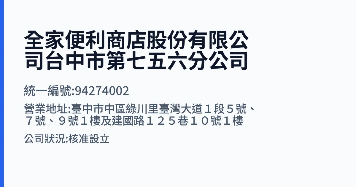 全家便利商店股份有限公司台中市第七五六分公司 - 統編 94274002(臺中市) 公司登記資料與營業項目詳細圖表