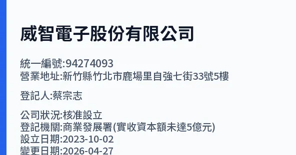 威智電子股份有限公司的照片-統編 94274093(新竹縣) 公司登記資料與營業項目詳細圖表