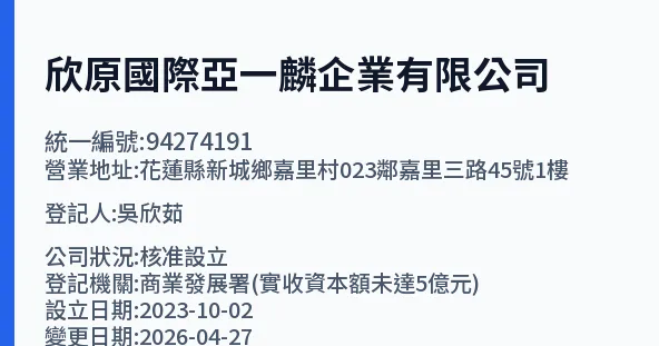 欣原國際亞一麟企業有限公司的照片-統編 94274191(花蓮縣) 公司登記資料與營業項目詳細圖表