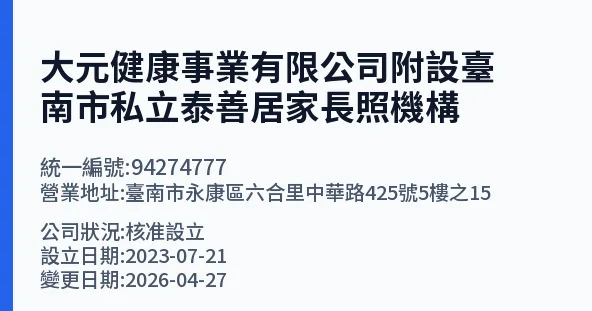 大元健康事業有限公司附設臺南市私立泰善居家長照機構的照片-統編 94274777(臺南市) 公司登記資料與營業項目詳細圖表