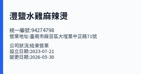 灃鹽水雞麻辣燙的照片-統編 94274798(臺南市) 公司登記資料與營業項目詳細圖表