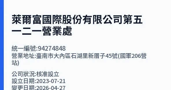 萊爾富國際股份有限公司第五一二一營業處的照片-統編 94274848(臺南市) 公司登記資料與營業項目詳細圖表