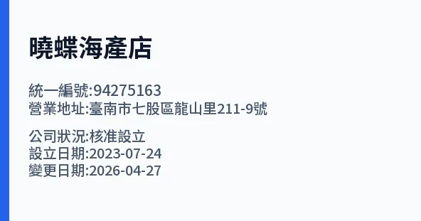 曉蝶海產店的照片-統編 94275163(臺南市) 公司登記資料與營業項目詳細圖表