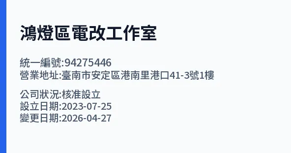 鴻燈區電改工作室的照片-統編 94275446(臺南市) 公司登記資料與營業項目詳細圖表