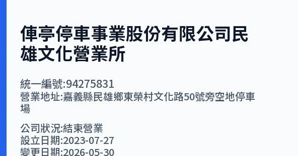 俥亭停車事業股份有限公司民雄文化營業所的照片-統編 94275831(嘉義縣) 公司登記資料與營業項目詳細圖表