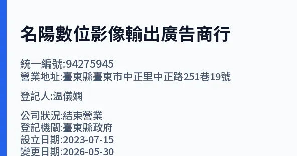 名陽數位影像輸出廣告商行的照片-統編 94275945(臺東縣) 公司登記資料與營業項目詳細圖表
