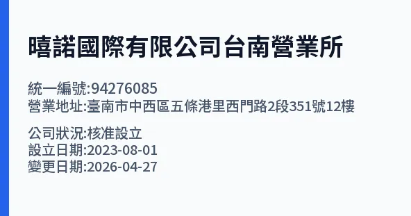 暿諾國際有限公司台南營業所的照片-統編 94276085(臺南市) 公司登記資料與營業項目詳細圖表