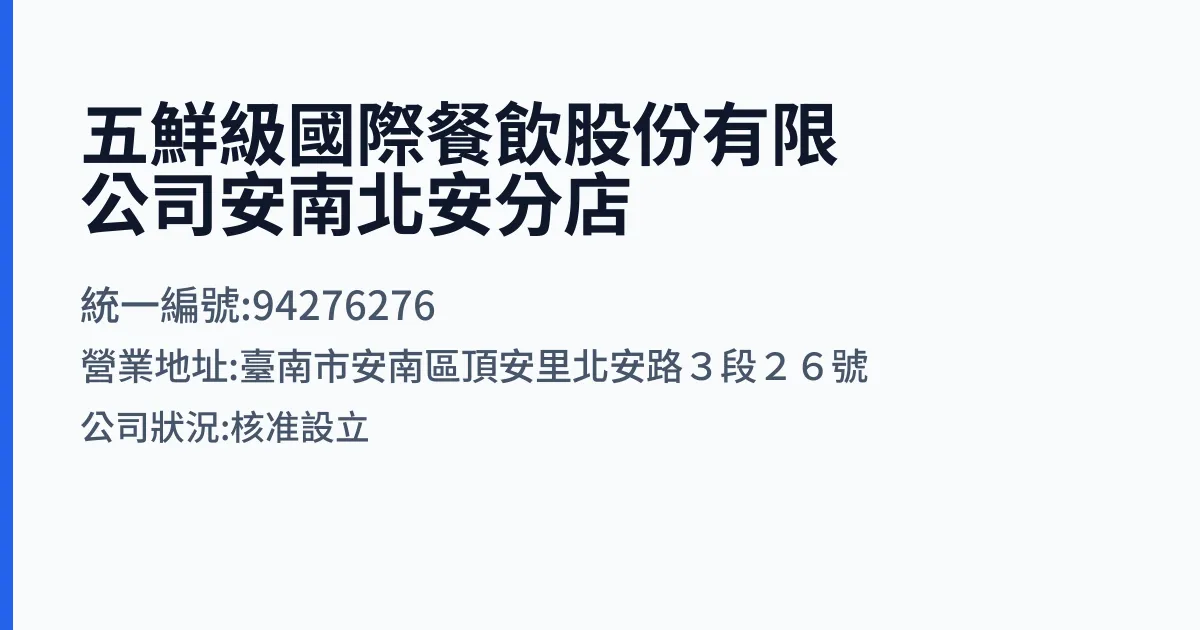 五鮮級國際餐飲股份有限公司安南北安分店 - 統編 94276276(臺南市) 公司登記資料與營業項目詳細圖表