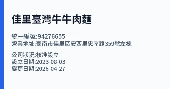 佳里臺灣牛牛肉麵的照片-統編 94276655(臺南市) 公司登記資料與營業項目詳細圖表