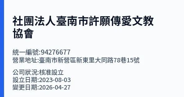 社團法人臺南市許願傳愛文教協會的照片-統編 94276677(臺南市) 公司登記資料與營業項目詳細圖表