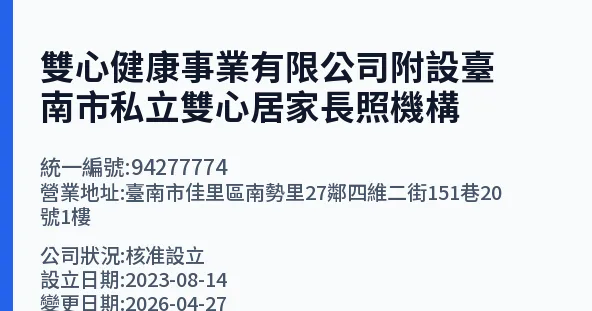 雙心健康事業有限公司附設臺南市私立雙心居家長照機構的照片-統編 94277774(臺南市) 公司登記資料與營業項目詳細圖表