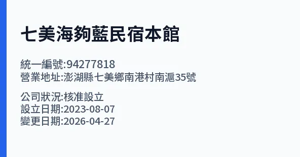 七美海夠藍民宿本館的照片-統編 94277818(澎湖縣) 公司登記資料與營業項目詳細圖表