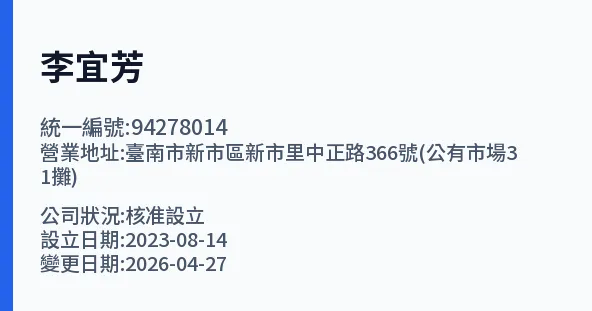 李宜芳的照片-統編 94278014(臺南市) 公司登記資料與營業項目詳細圖表