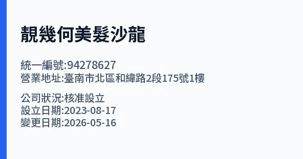 靚幾何美髮沙龍的照片-統編 94278627(臺南市) 公司登記資料與營業項目詳細圖表