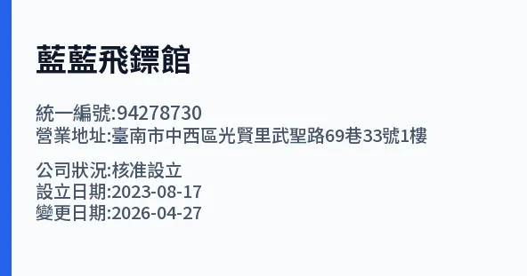 藍藍飛鏢館的照片-統編 94278730(臺南市) 公司登記資料與營業項目詳細圖表