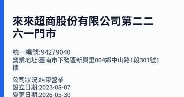 來來超商股份有限公司第二二六一門市的照片-統編 94279040(臺南市) 公司登記資料與營業項目詳細圖表