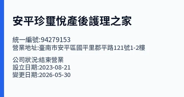 安平珍璽悅產後護理之家的照片-統編 94279153(臺南市) 公司登記資料與營業項目詳細圖表
