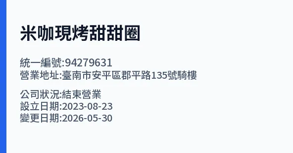 米咖現烤甜甜圈的照片-統編 94279631(臺南市) 公司登記資料與營業項目詳細圖表