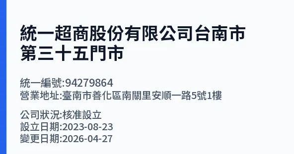 統一超商股份有限公司台南市第三十五門市的照片-統編 94279864(臺南市) 公司登記資料與營業項目詳細圖表