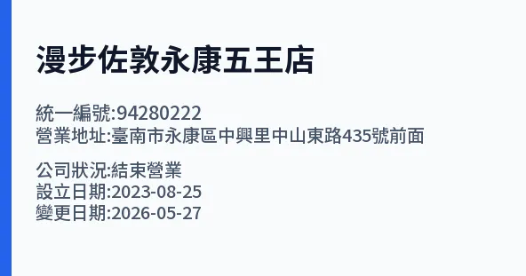 漫步佐敦永康五王店的照片-統編 94280222(臺南市) 公司登記資料與營業項目詳細圖表