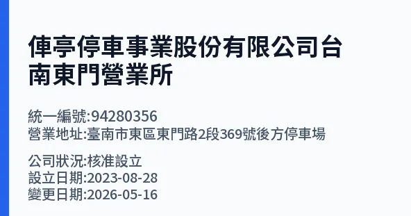 俥亭停車事業股份有限公司台南東門營業所的照片-統編 94280356(臺南市) 公司登記資料與營業項目詳細圖表