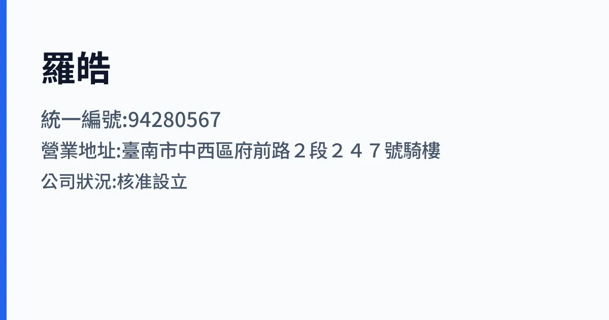 羅皓 - 統編 94280567(臺南市) 公司登記資料與營業項目詳細圖表