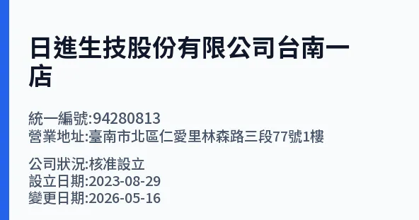 日進生技股份有限公司台南一店的照片-統編 94280813(臺南市) 公司登記資料與營業項目詳細圖表