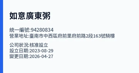如意廣東粥的照片-統編 94280834(臺南市) 公司登記資料與營業項目詳細圖表